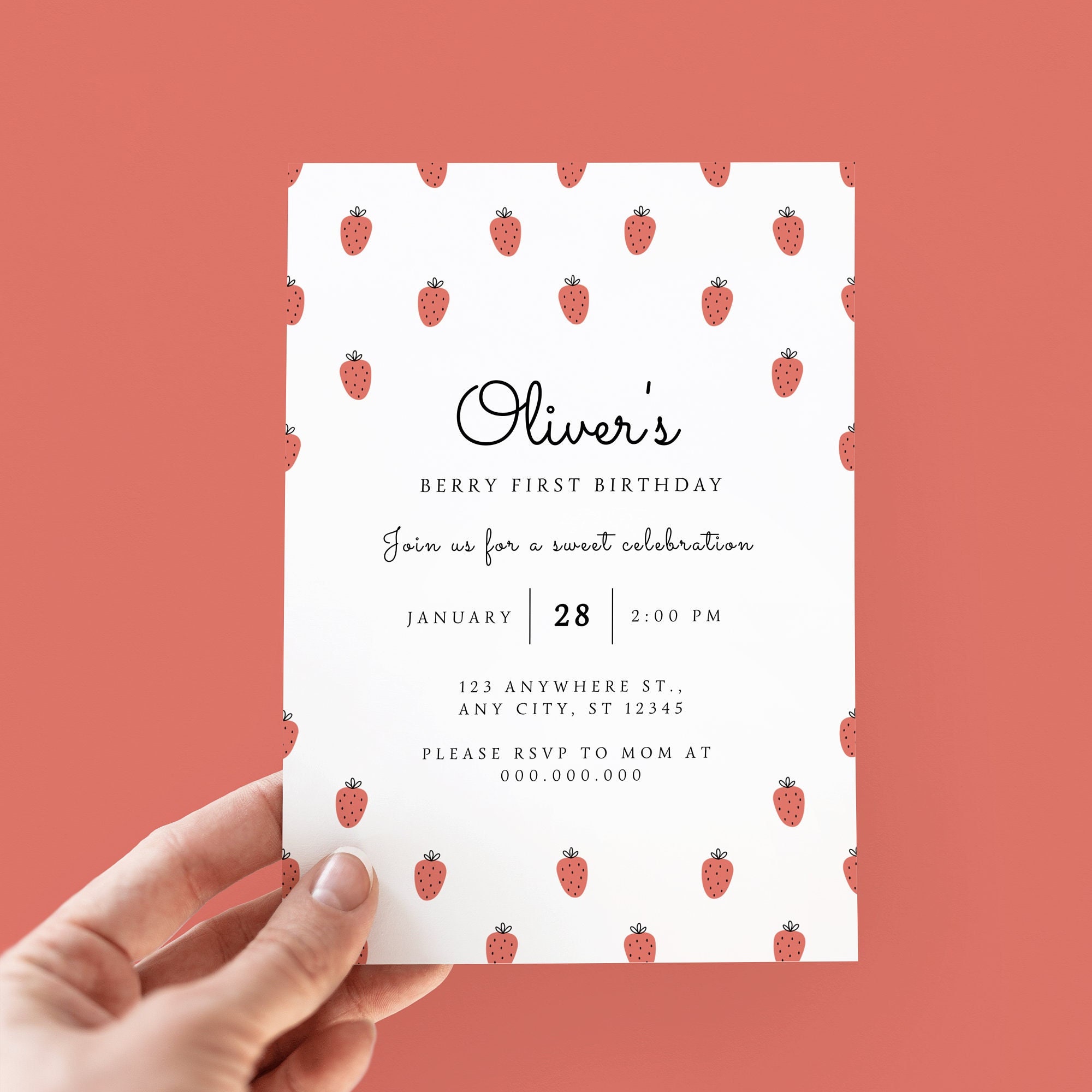 Editable Berry First Birthday Invitation, Modern Strawberry Invite ...