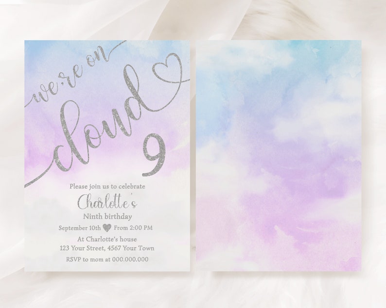 Editable Cloud 9 Birthday Invitation, Silver Glitter Birthday ...