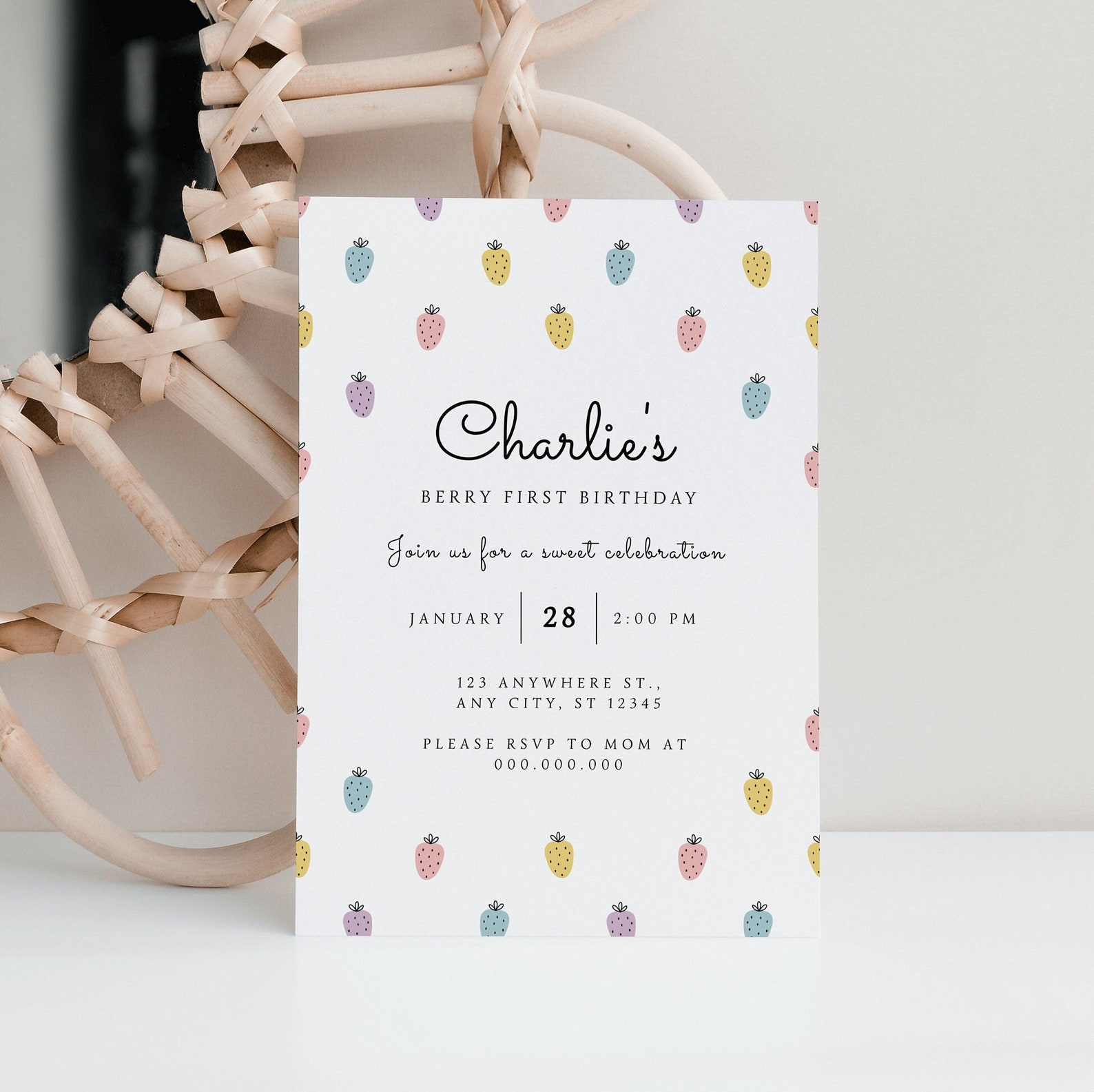 Editable Colored Strawberry Invitation, Rainbow Strawberry Invite, Cute ...
