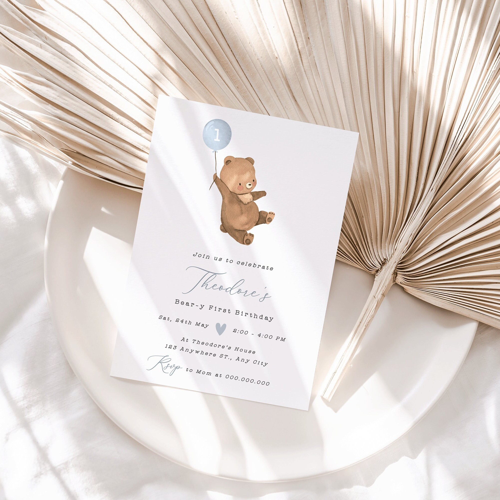 Editable Teddy Bear Birthday Invitation, Beary First Birthday Invite ...