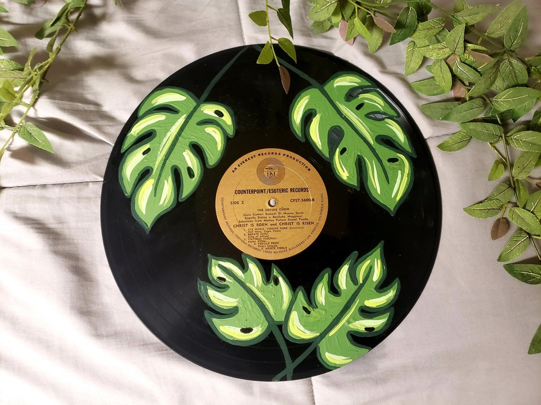 Monstera Leaves Painted on Upcyled Vinyl, Record Art, Painted Vinyl Art ...