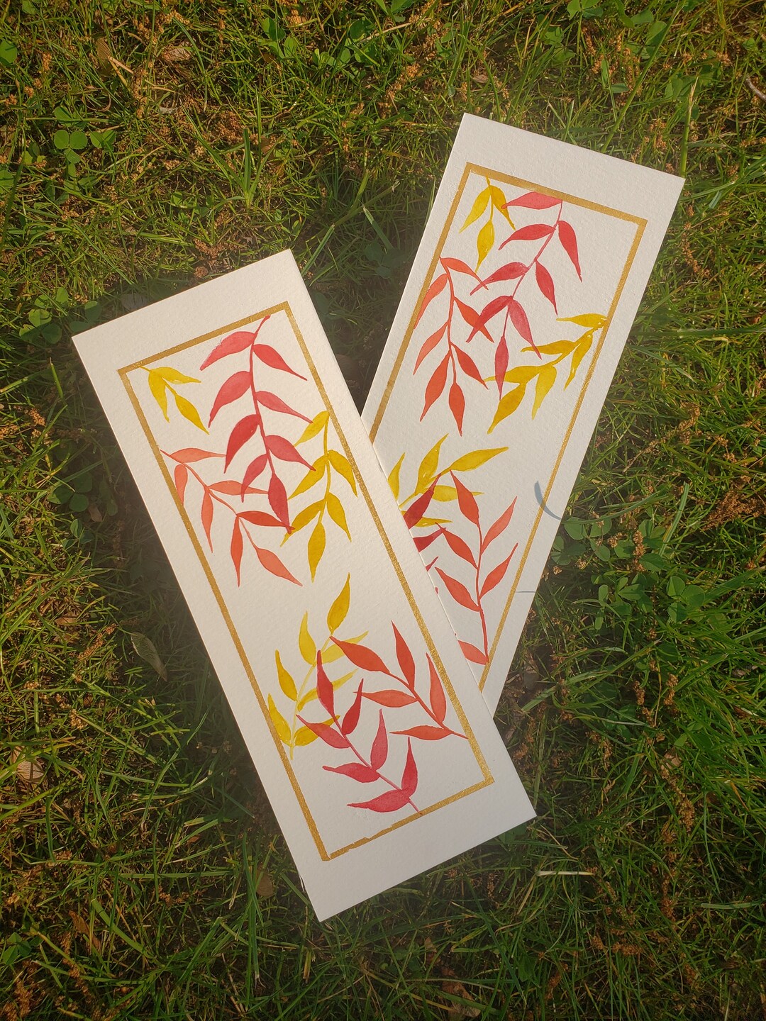Botanical Autumn Leaf Bookmark With Gold Boarder, Handpainted Bookmark ...