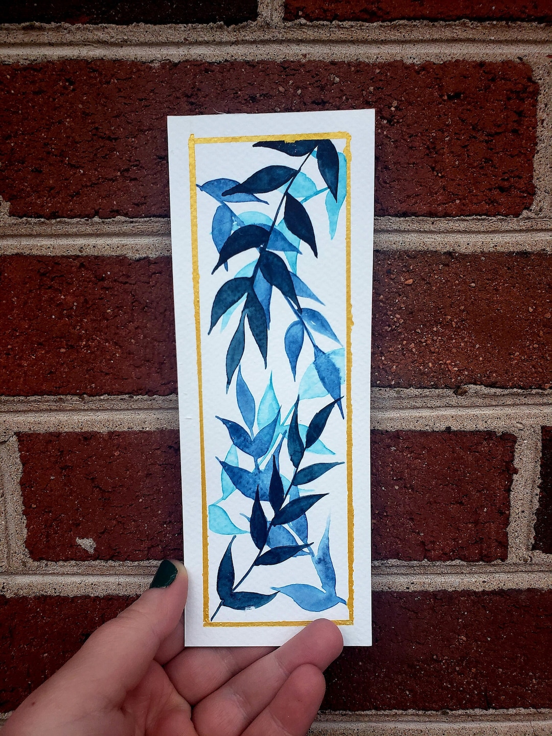 Botanical Blue Leaf Bookmark With Gold Boarder, Handpainted Bookmark ...