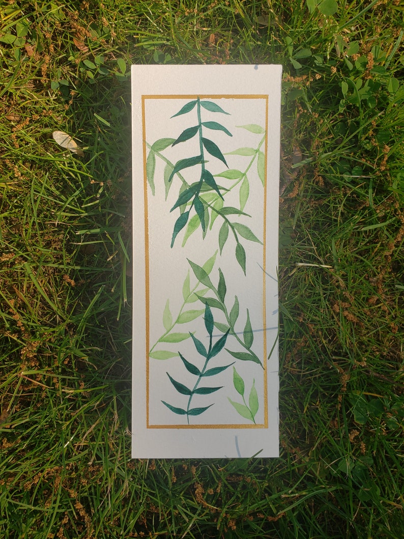 Botanical Green Leaf Bookmark With Gold Boarder, Handpainted Bookmark ...