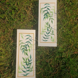Botanical Green Leaf Bookmark With Gold Boarder, Handpainted Bookmark ...