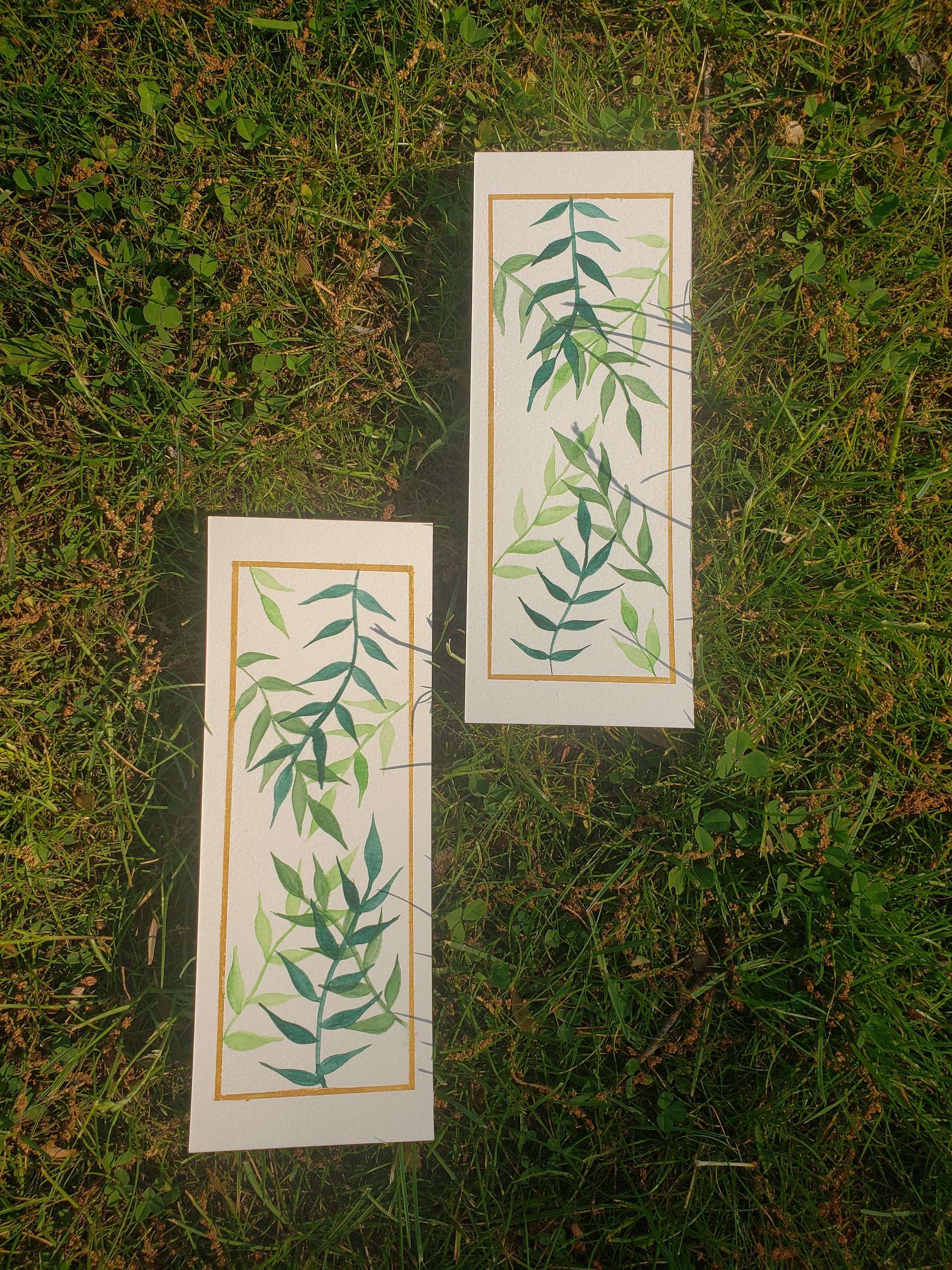 Botanical Green Leaf Bookmark With Gold Boarder, Handpainted Bookmark ...