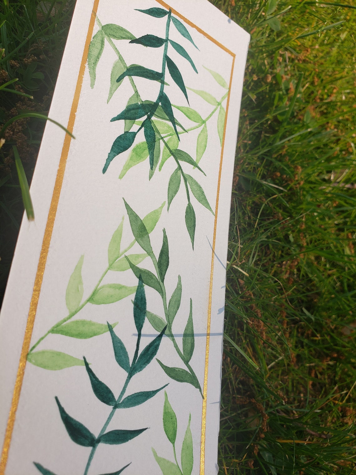 Botanical Green Leaf Bookmark With Gold Boarder, Handpainted Bookmark ...
