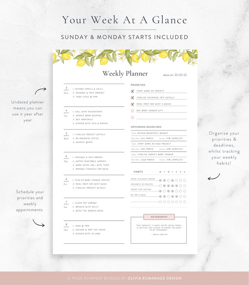 Undated Planner Bundle | Lemon Daily Journal, Printable Study Template ...