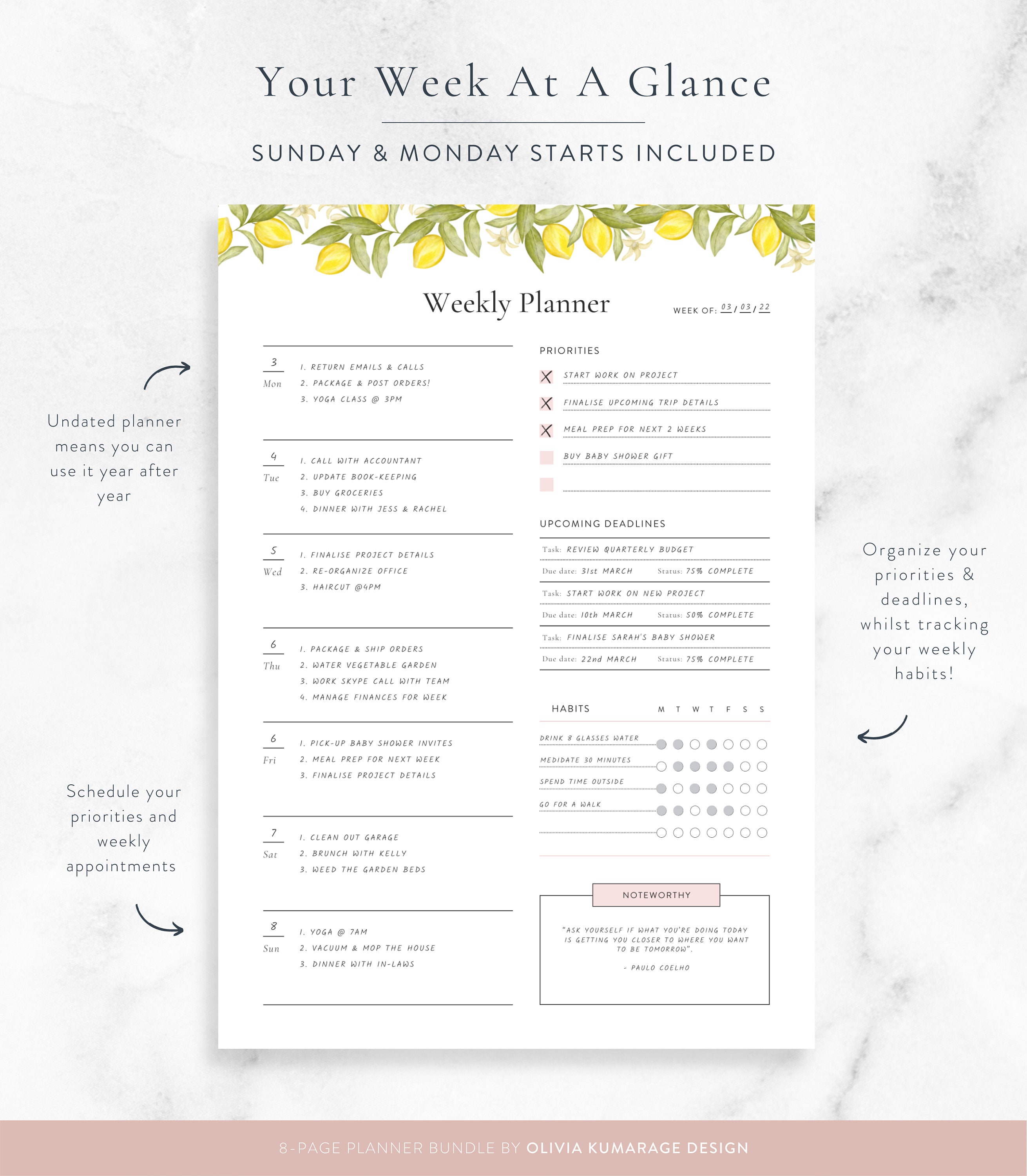 Undated Planner Bundle | Lemon Daily Journal, Printable Study Template ...