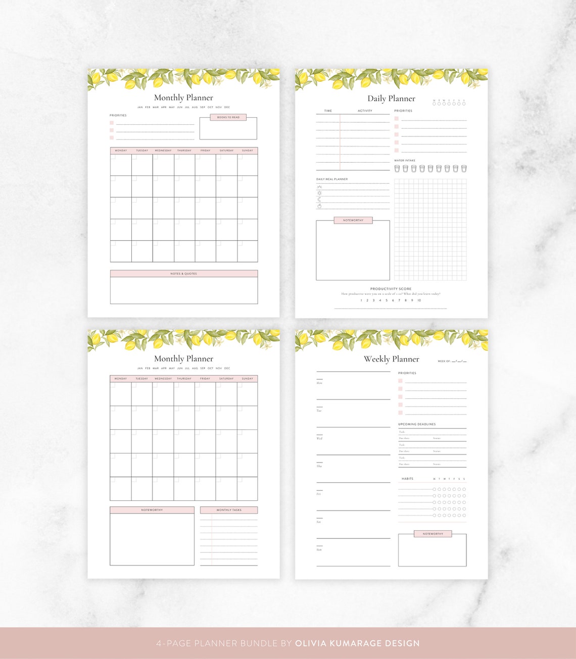 Undated Planner Bundle | Lemon Daily Journal, Printable Study Template ...
