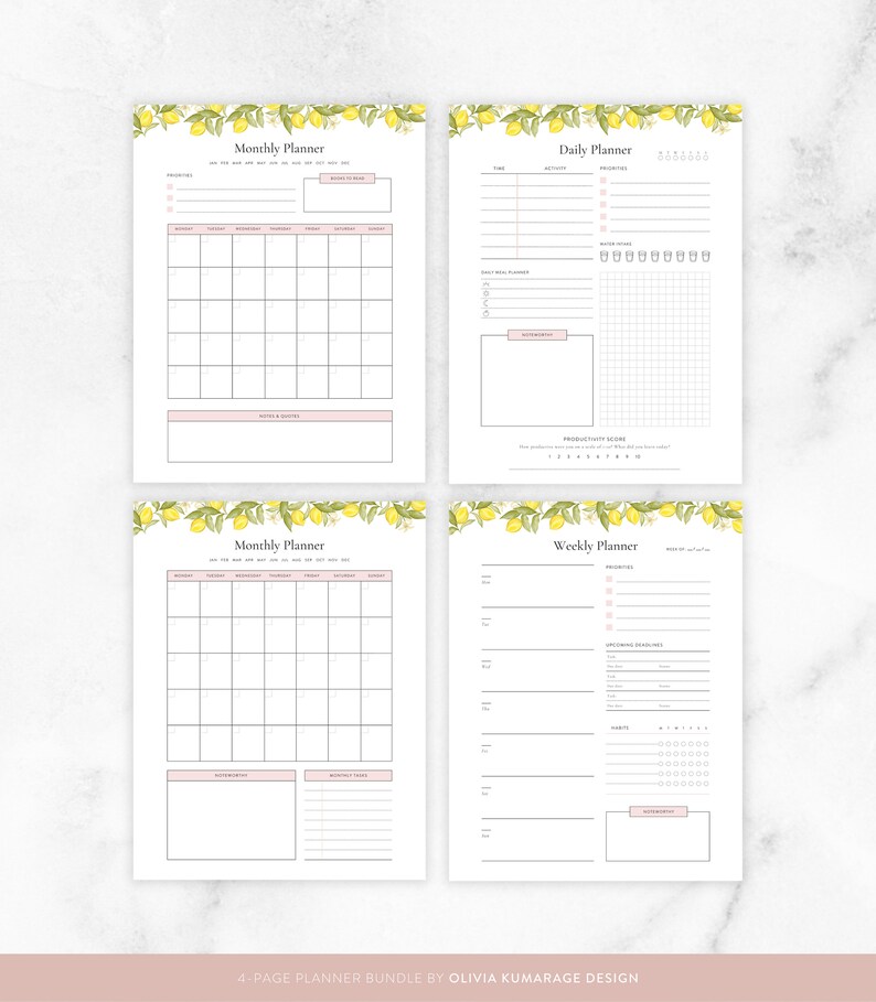 Undated Planner Bundle | Lemon Daily Journal, Printable Study Template ...