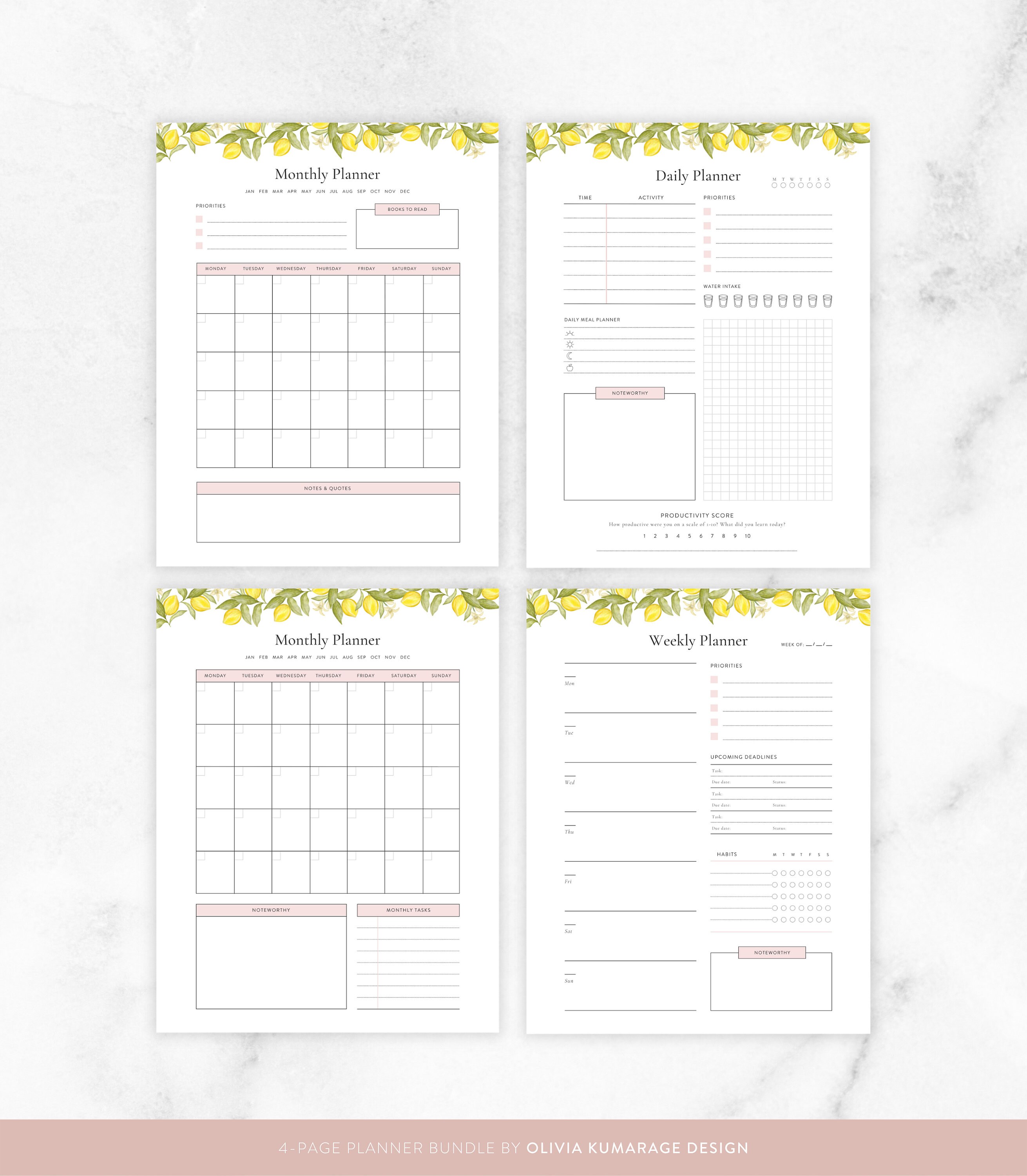 Undated Planner Bundle Lemon Daily Journal, Printable Study Template ...