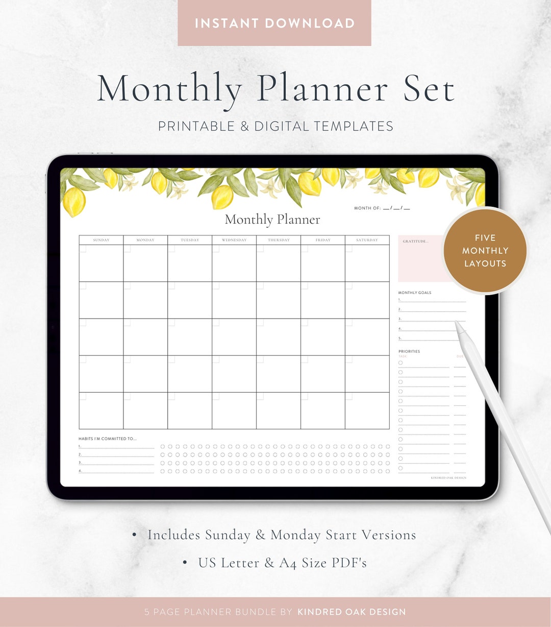 Monthly Planner Template Printable Monthly Calendar Work - Etsy