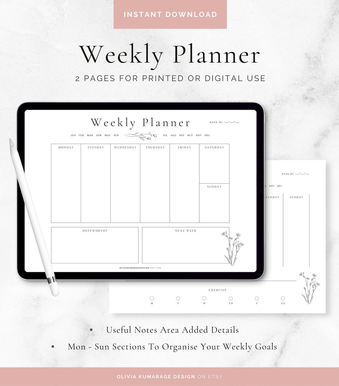Weekly Planner Printable | Minimalist Floral Daily Journal, Study ...