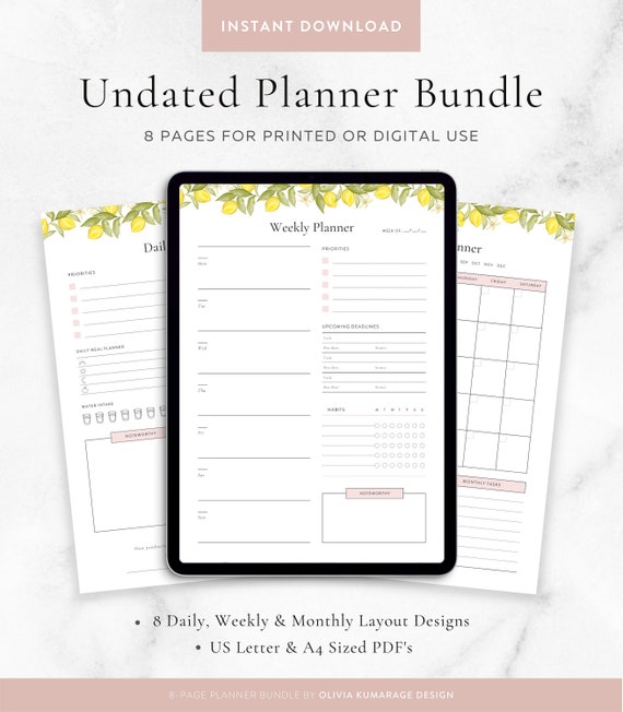 Undated Planner Bundle Lemon Daily Journal Printable Study - Etsy