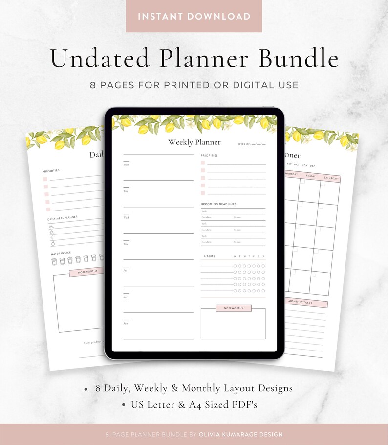 Undated Planner Bundle | Lemon Daily Journal, Printable Study Template ...