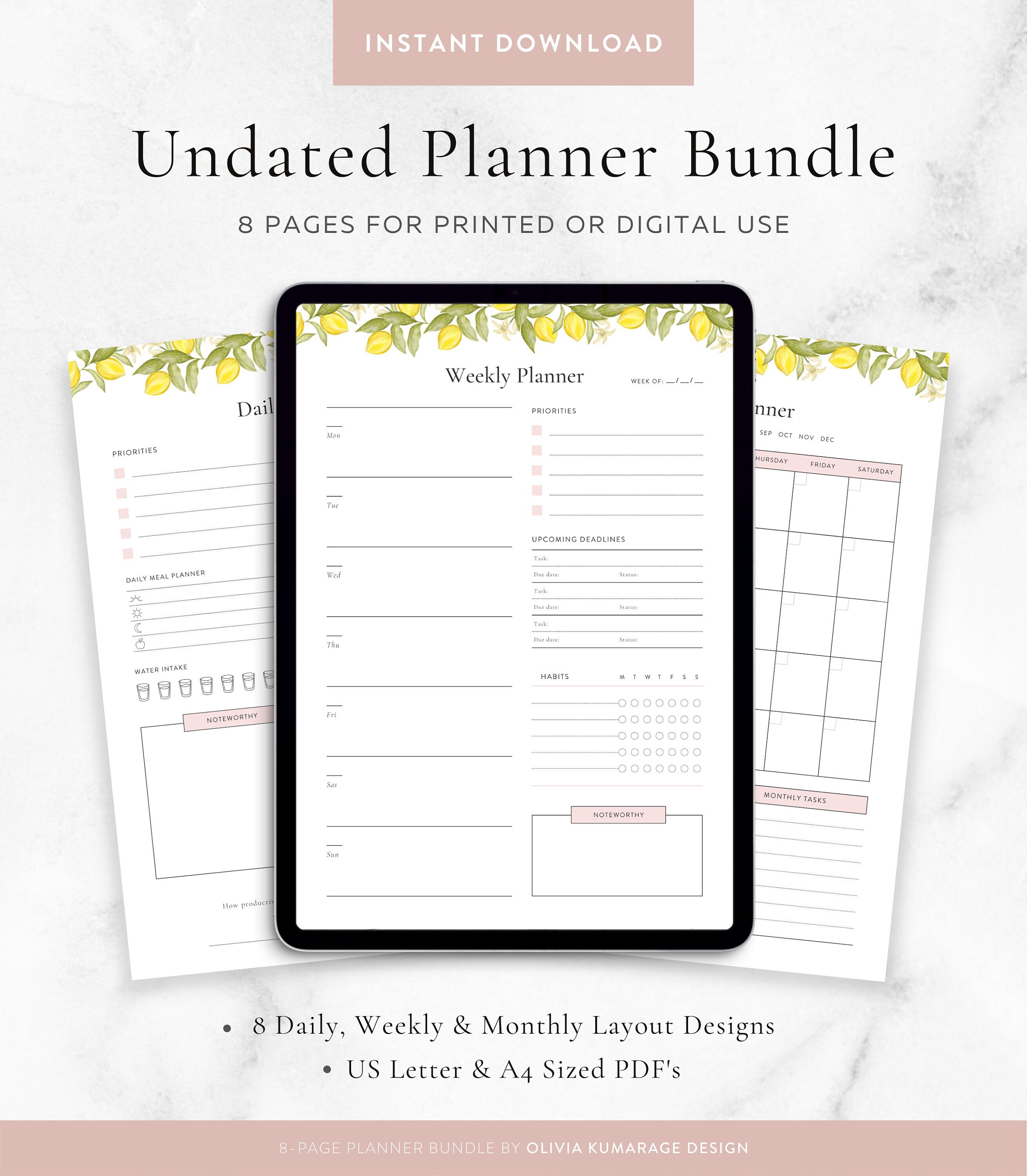 Undated Planner Bundle | Lemon Daily Journal, Printable Study Template ...