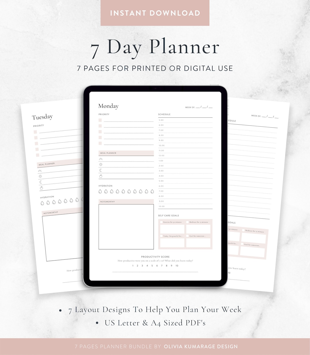 7 Day Planner Printable | Minimalist Daily to Do List, Weekly Planner ...