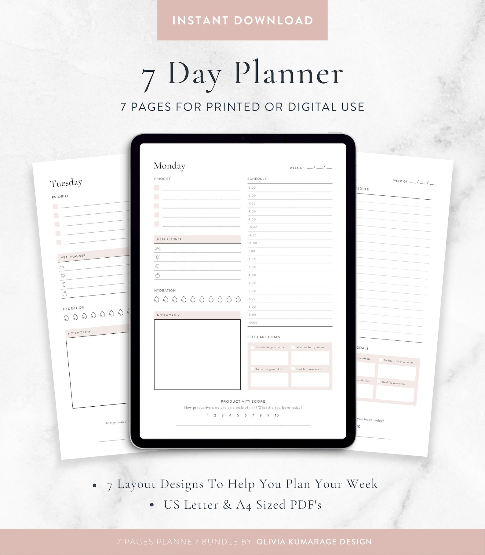 7 Day Planner Printable | Minimalist Daily to Do List, Weekly Planner ...