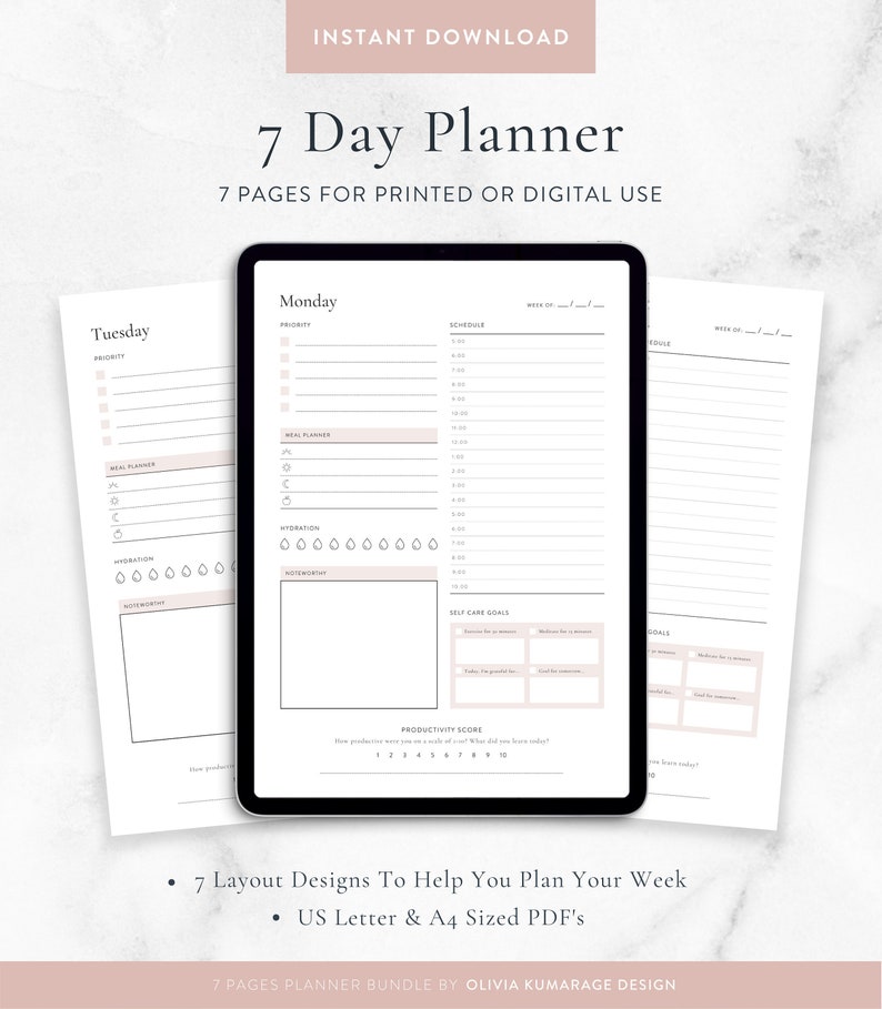 7 Day Planner Printable | Minimalist Daily to Do List, Weekly Planner ...