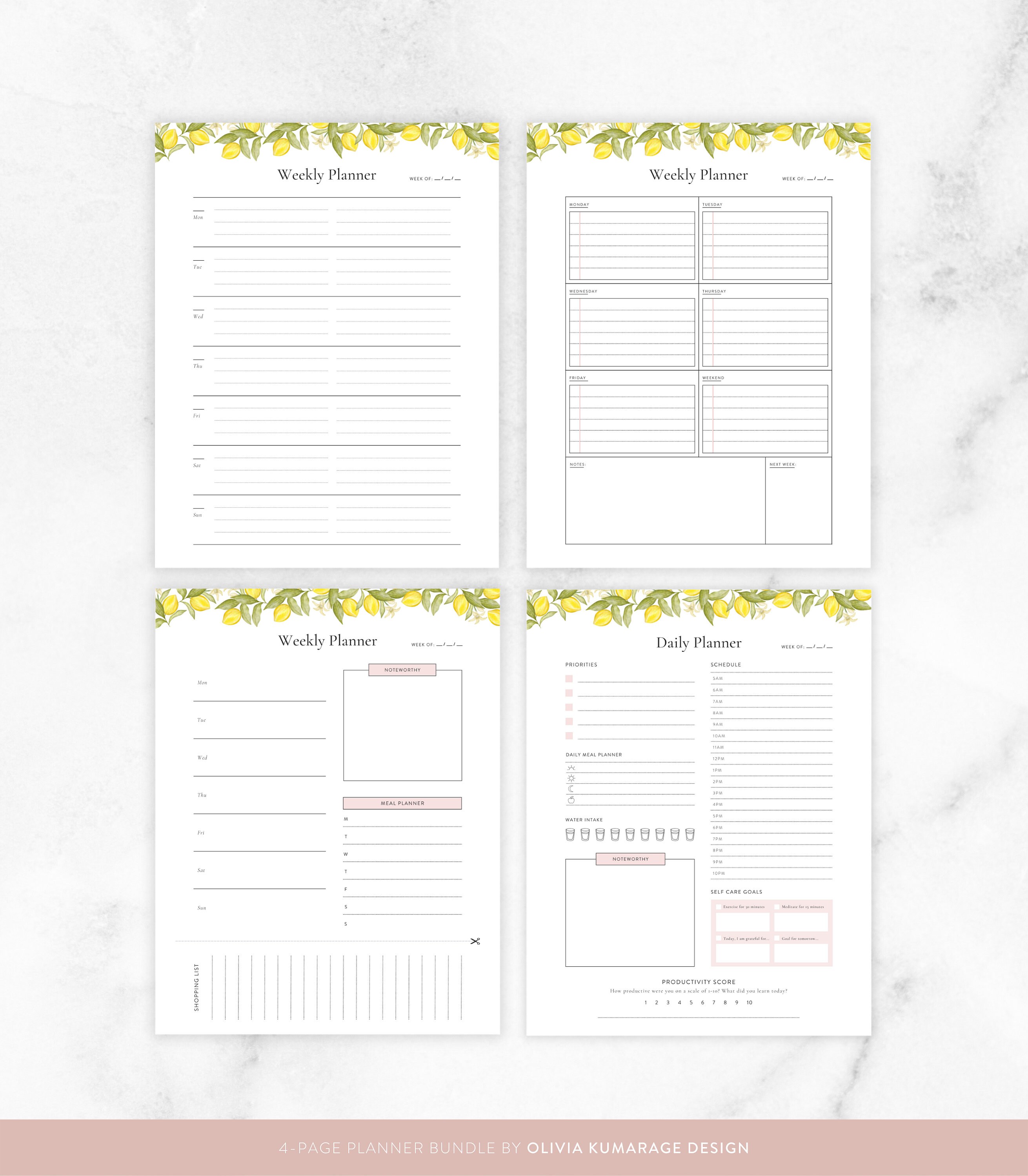 Undated Planner Bundle Lemon Daily Journal, Printable Study Template ...