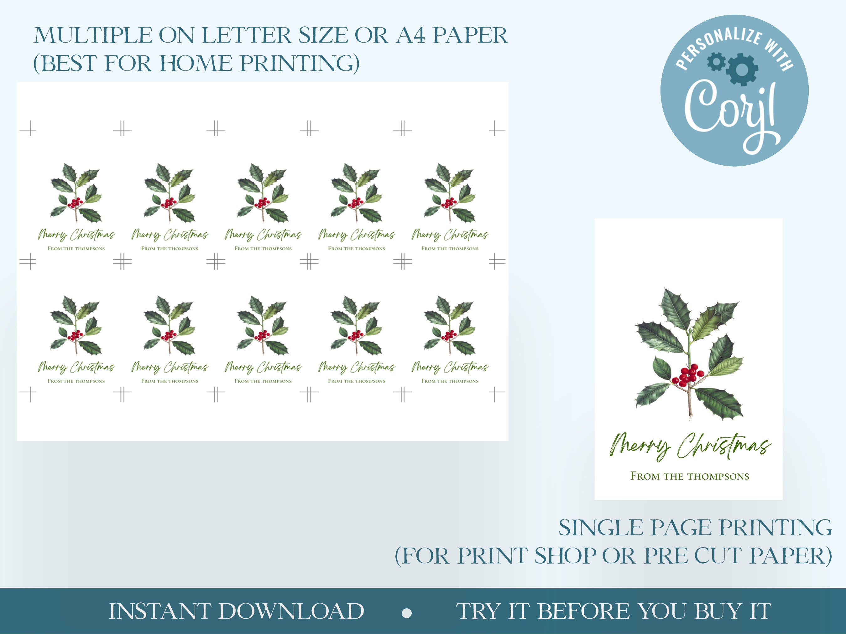 Holly Leaves Christmas Gift Tags, Printable Christmas Tags Template ...