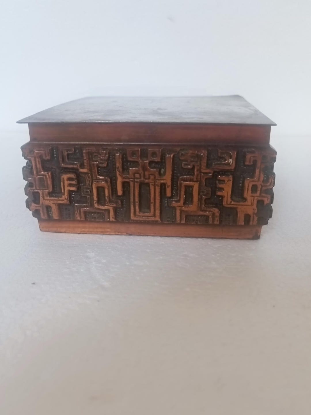 Vintage Sándor Móga Brutalist Jewelry Box: MCM Copper Relief, Wood ...