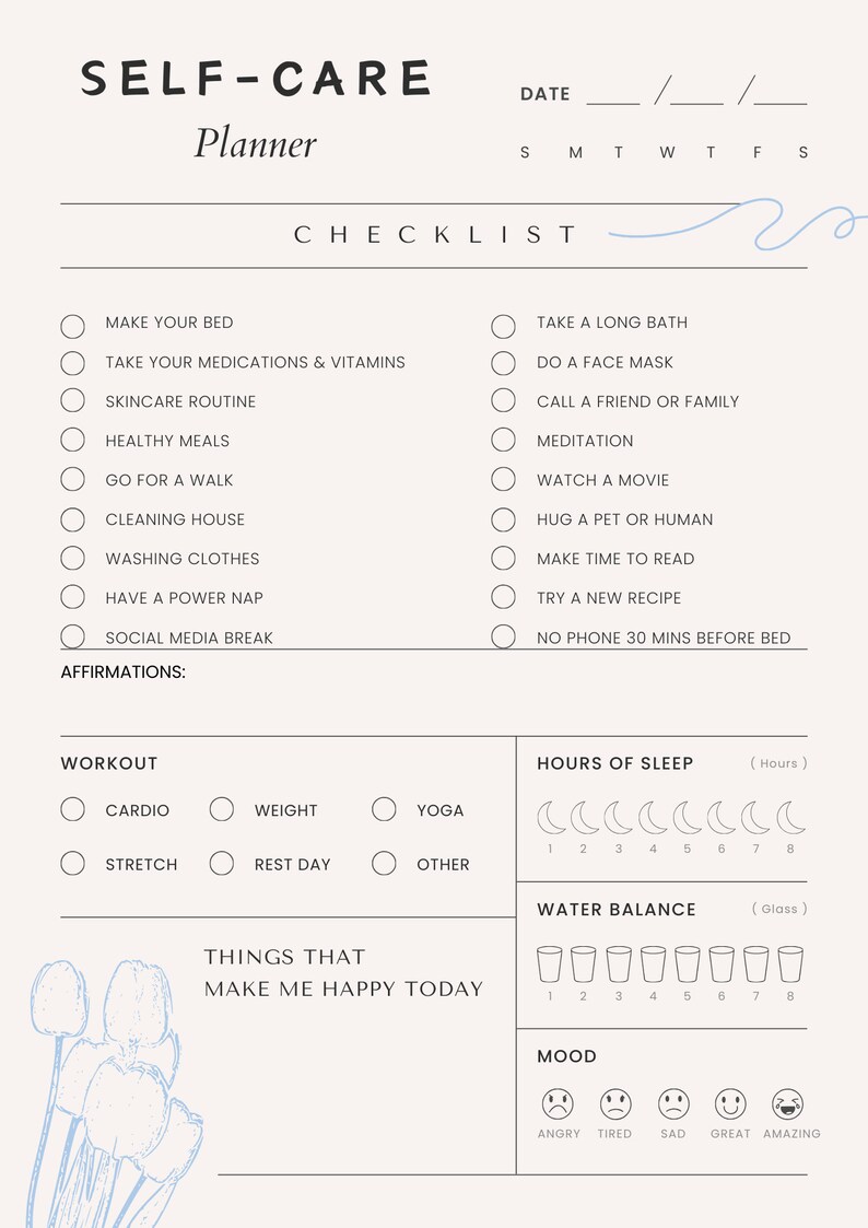 Self Care List, Daily Self Care , Instant Download, Printable Self Care ...