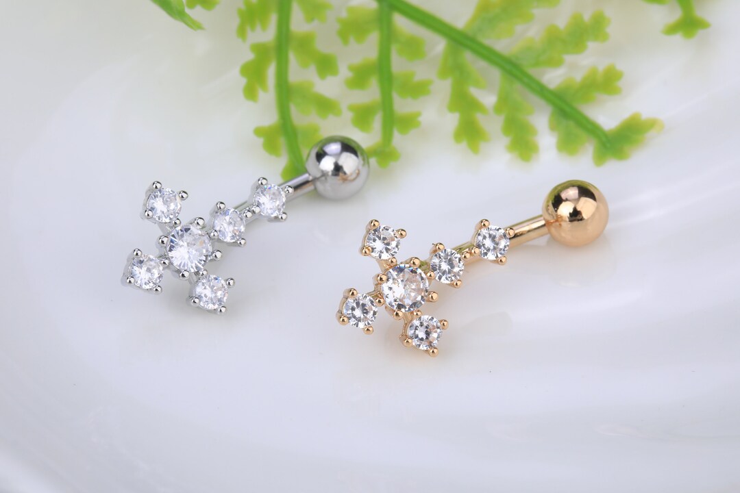 Cross Belly Button Ring: Stainless Steel Jeweled Navel Barbell - Etsy