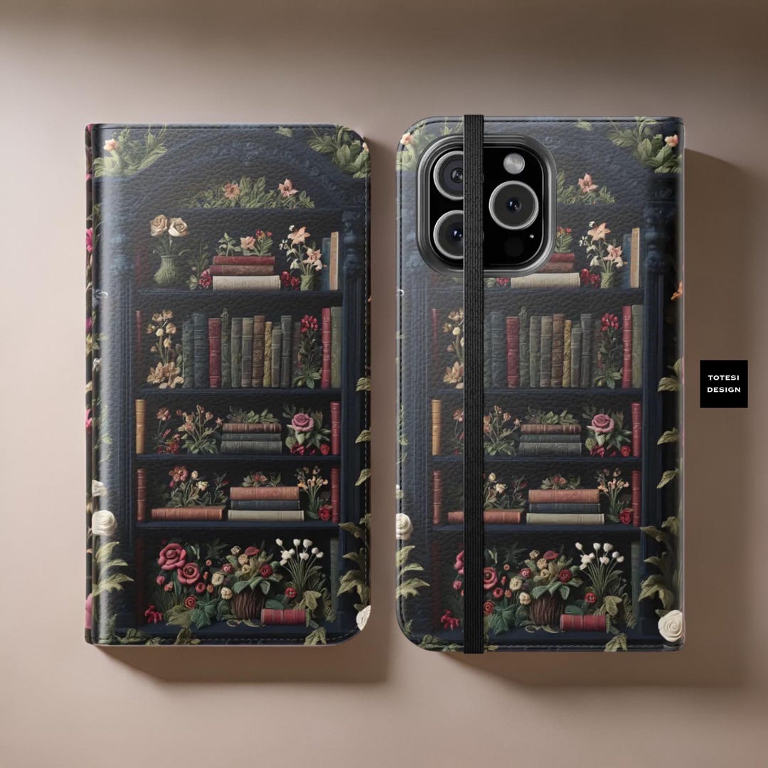 Dark Academia Bookcase Phone Case: Gothic Floral Flip Folio - Etsy
