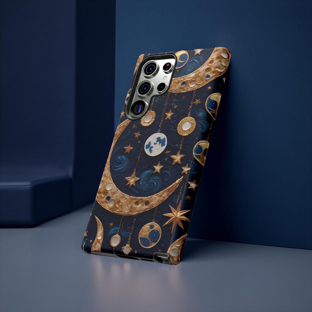 Abstract Celestial Art Blue Lunar Crescent Stars Tough Phone Case ...