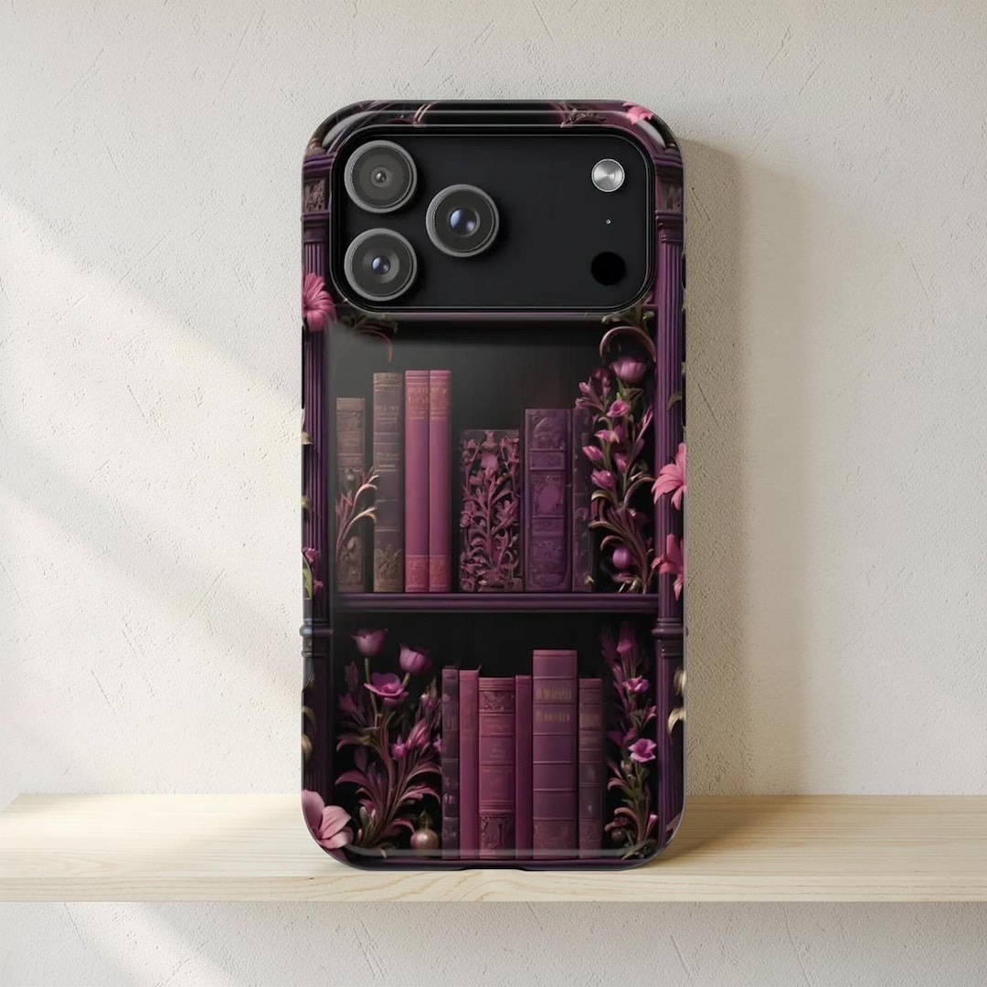 Dark Academia Bookshelf iPhone Case – Vintage Bookish Pink Magsafe ...