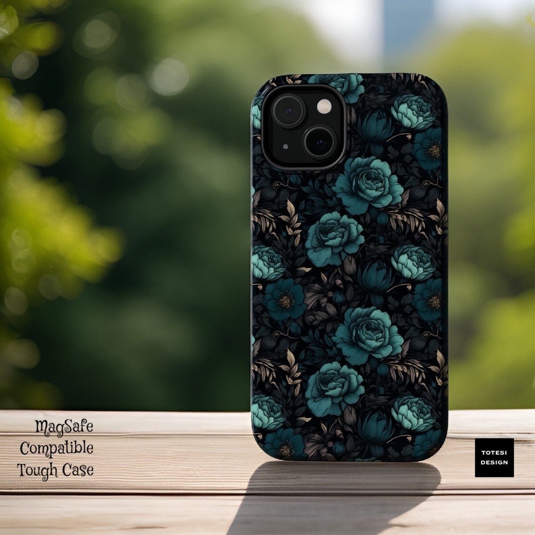Teal Turquoise Magsafe Compatible Dark Floral Iphones 13 14 15 16 Pro ...