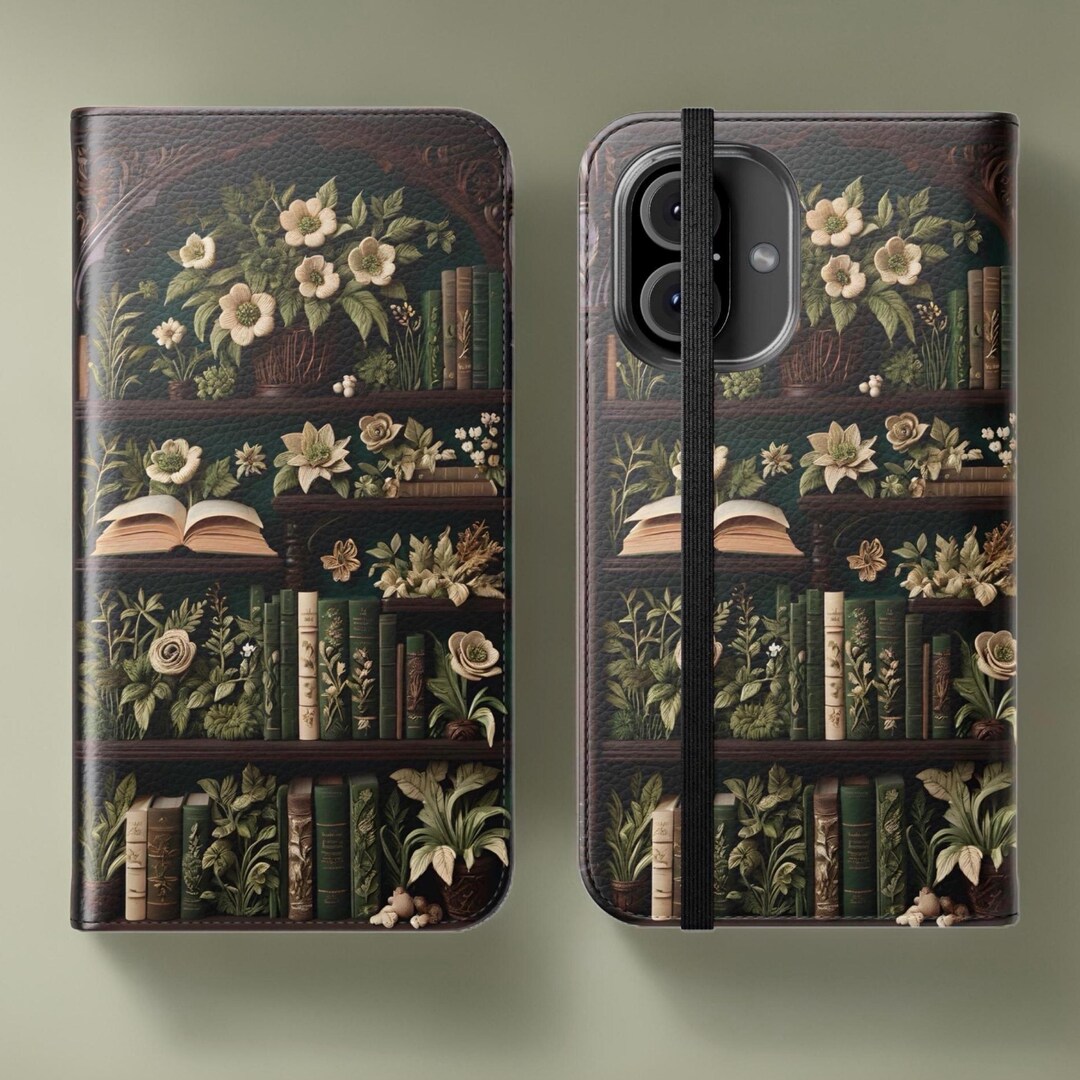 Folio Wallet, Bookshelf Botanical iPhone Case, Gift for Bookworm ...