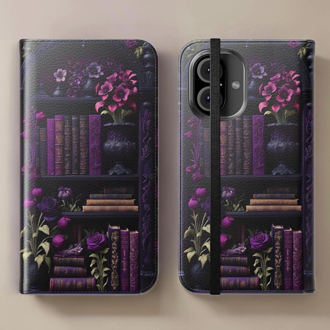 Dark Academia Bookcase Purple Flip Folio Phone Case Cover Gothic Artsy ...