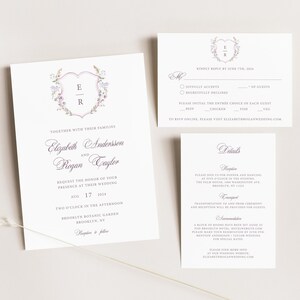 Floral Crest Wedding Invitation Set Template, Pink Wildflower Crest Invite, Watercolor Lilac ...
