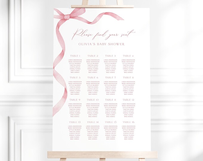 Editable Dusty Pink Bow Seating Chart Template, Instant Girl Baby ...