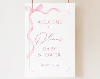 Editable Dusty Pink Bow Baby Shower Welcome Sign Template, Editable ...