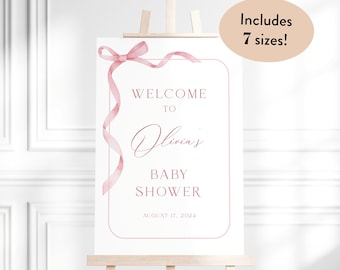Editable Pink Bow Baby Shower Welcome Sign Template, Editable Blush ...