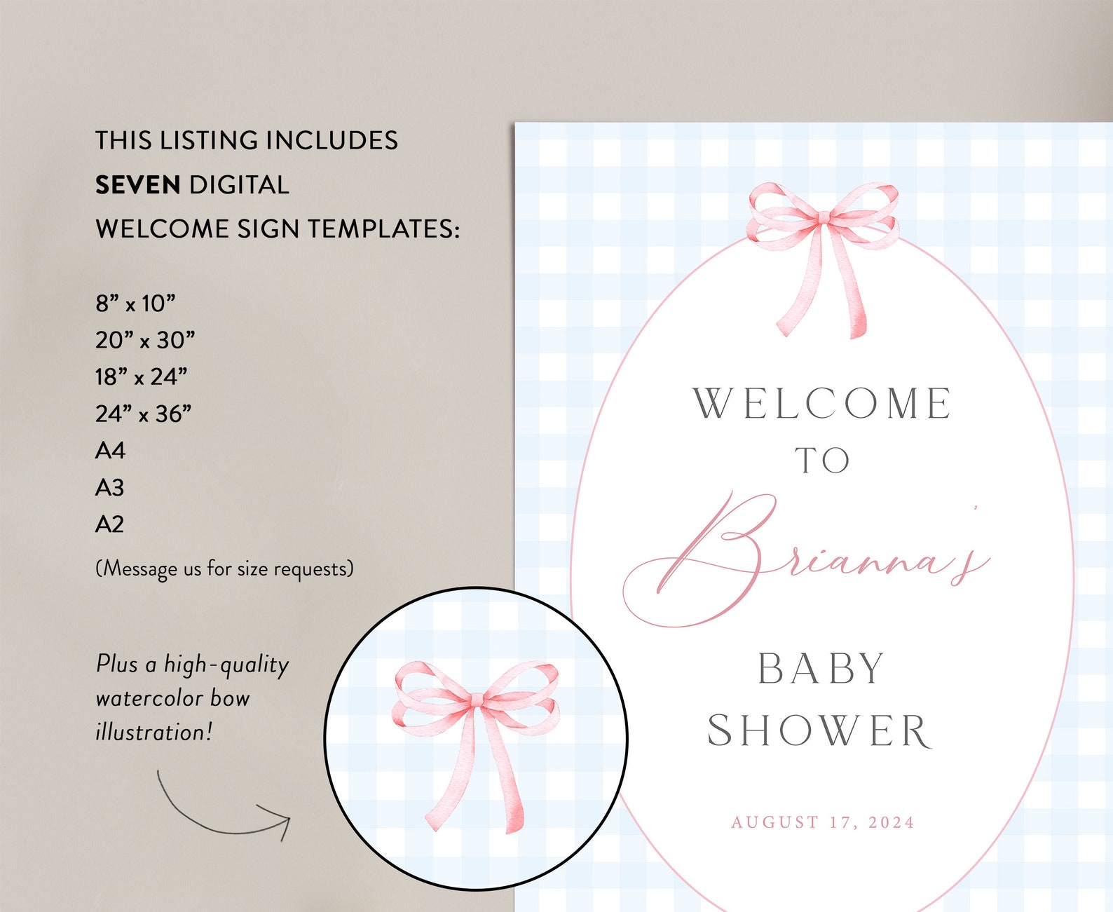Editable Pink & Blue Preppy Gingham Baby Shower Welcome Sign Template ...