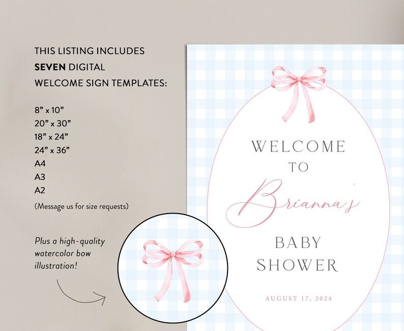 Editable Pink & Blue Preppy Gingham Baby Shower Welcome Sign Template ...