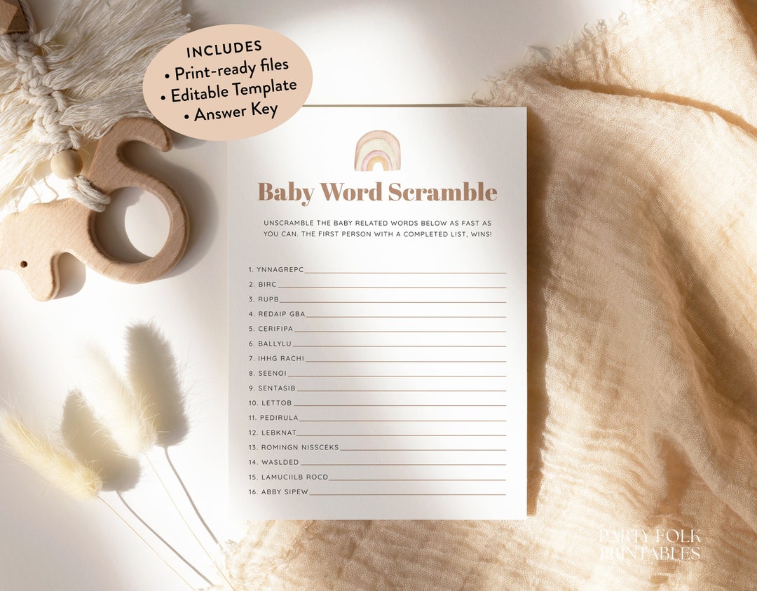 Editable Boho Rainbow Baby Word Scramble and Answer Key, Modern Baby ...