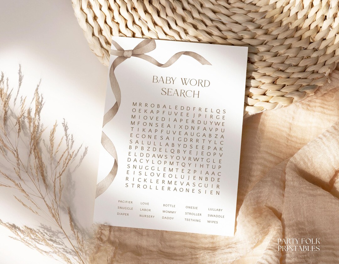 Beige Bow Baby Word Search Game, Print Ready Neutral Ribbon Baby Shower ...