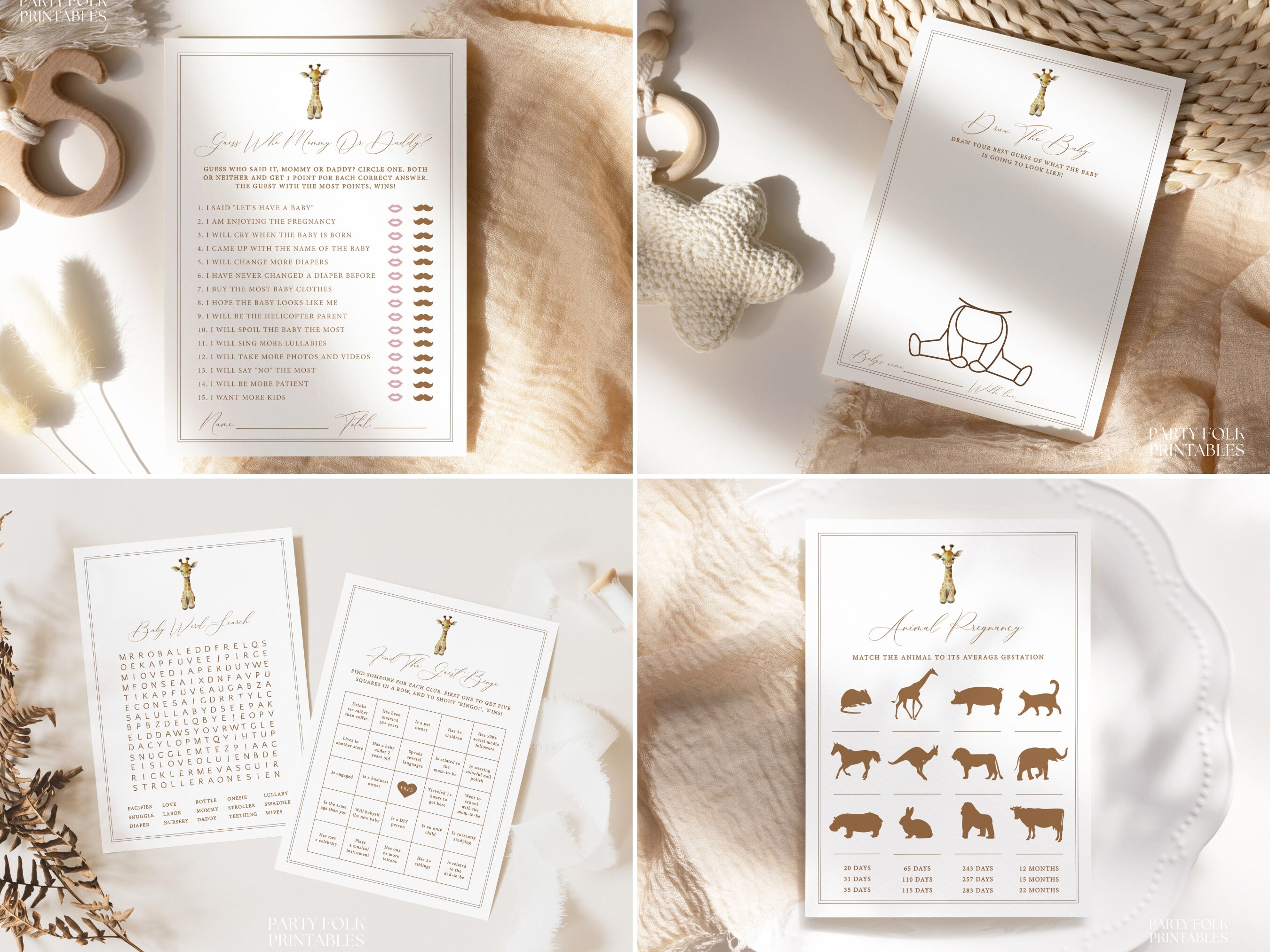 Editable Baby Giraffe Baby Shower Game Bundle, Safari Game Template ...