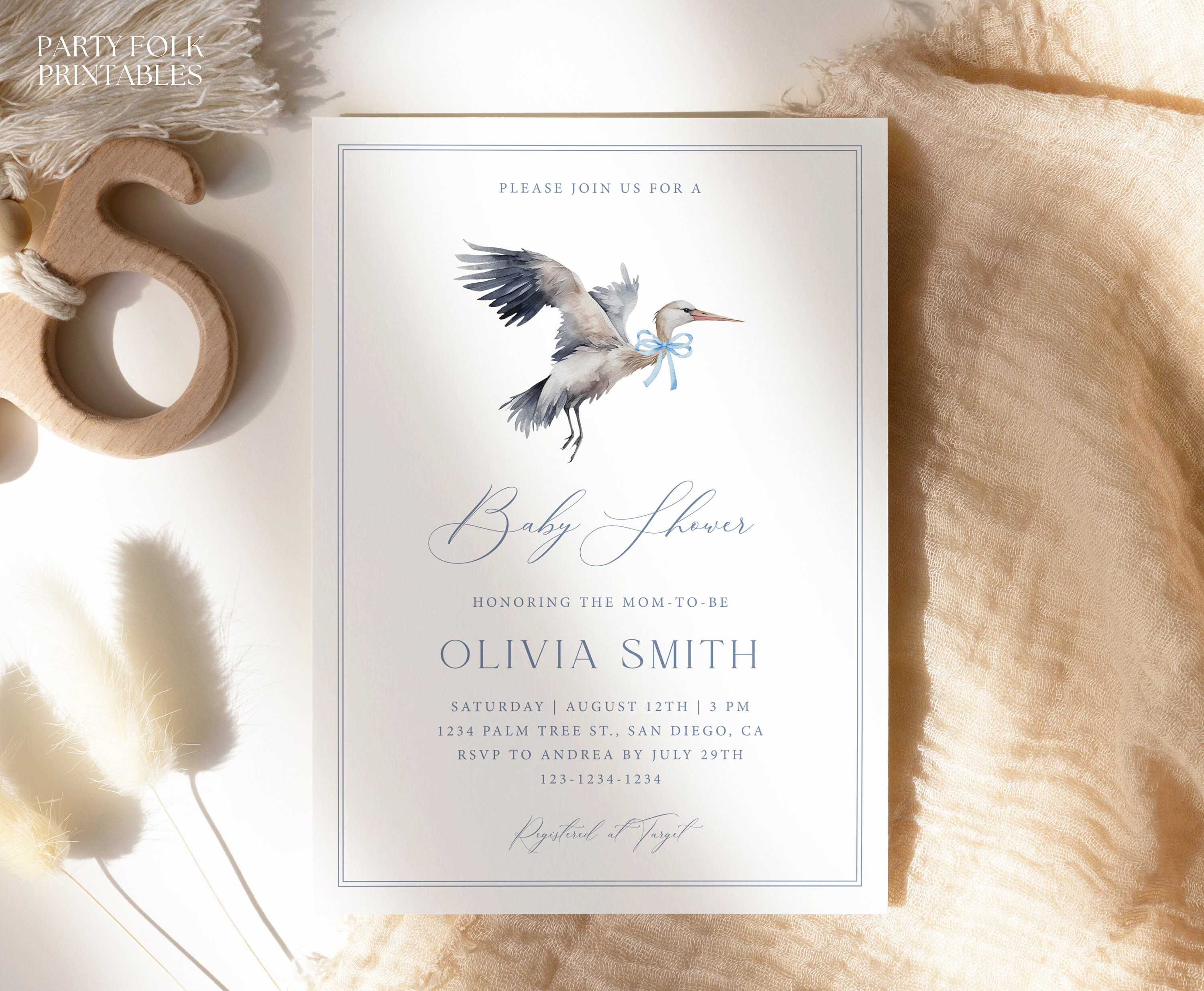 Blue Stork Baby Shower Invitation Template Set, Stork Boy Baby Shower ...