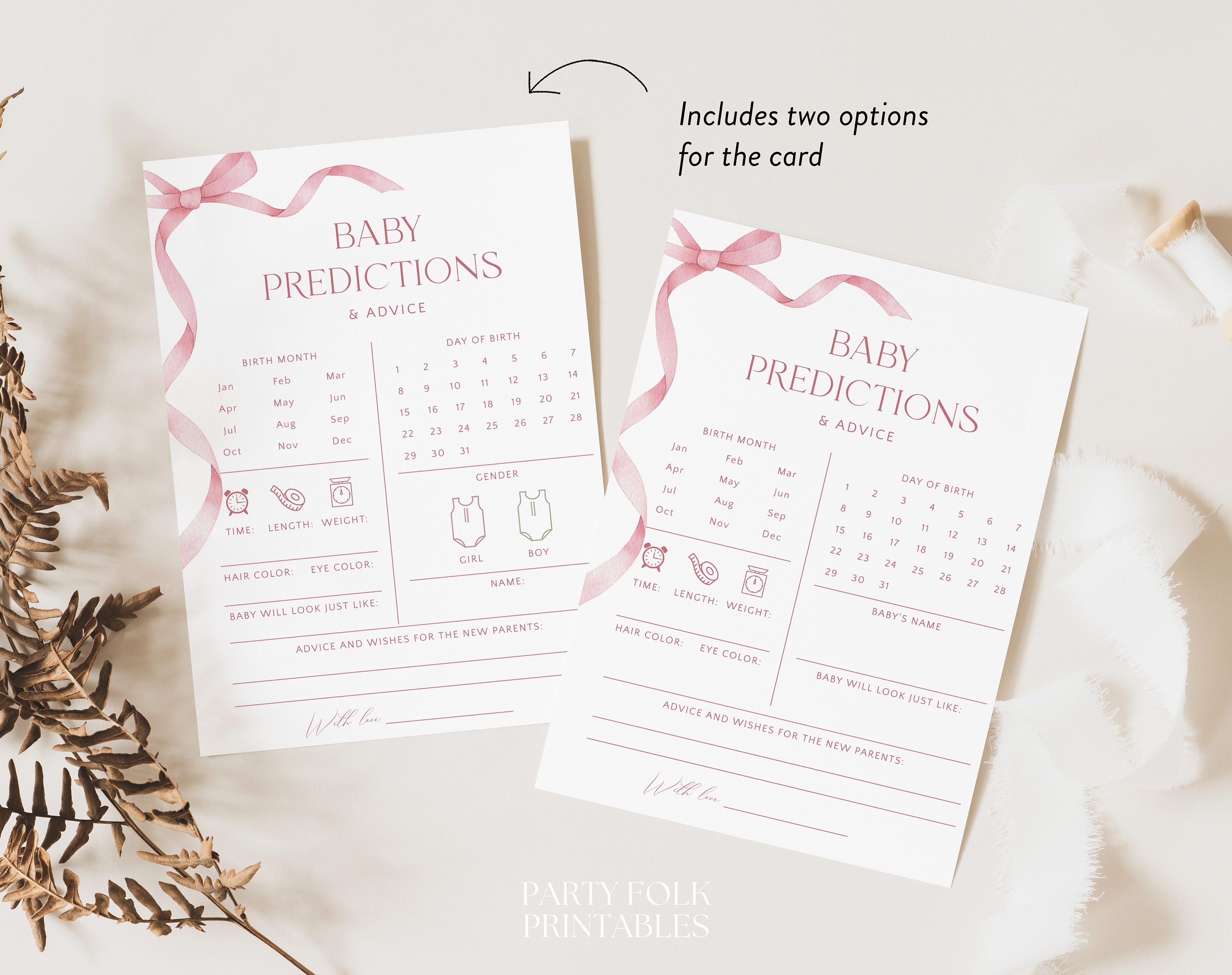 Dusty Pink Bow Baby Shower Predictions and Advice Cards, Girl Baby ...