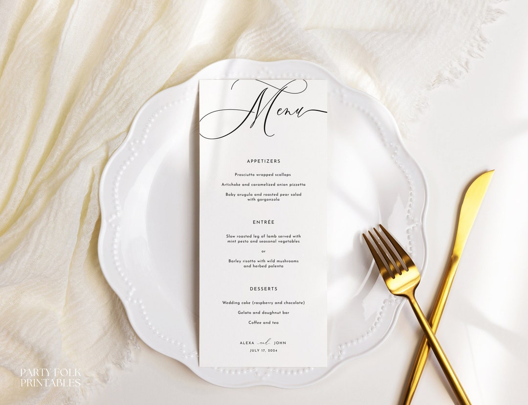 Classic Minimalist Wedding Menu Template, Printable Elegant Calligraphy ...