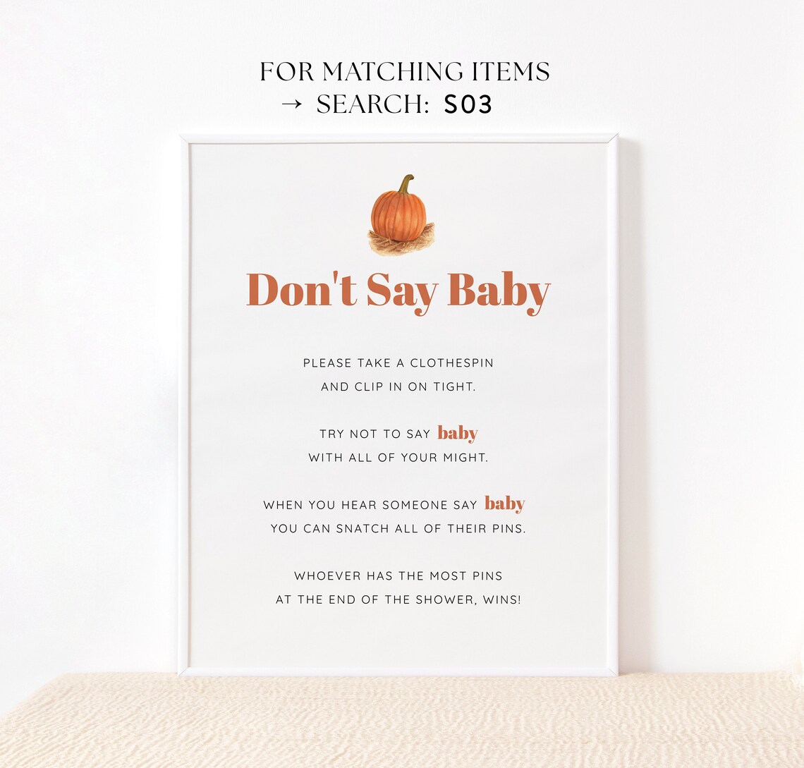 Pumpkin Don't Say Baby Sign, Minimalist Fall Baby Shower Don't Say Baby ...