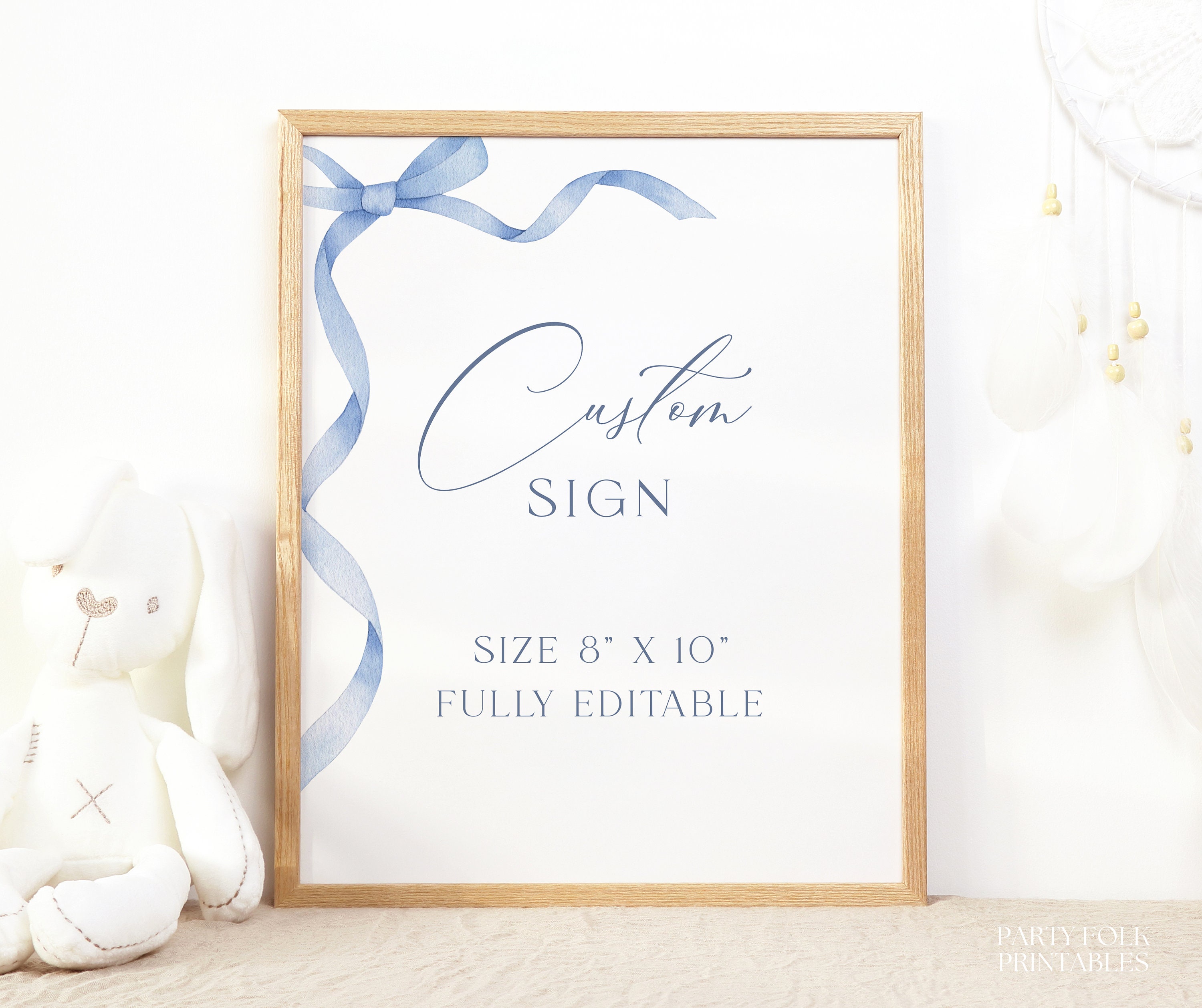 Editable Blue Bow Baby Shower Custom Sign, Dusty Blue Ribbon Customized ...