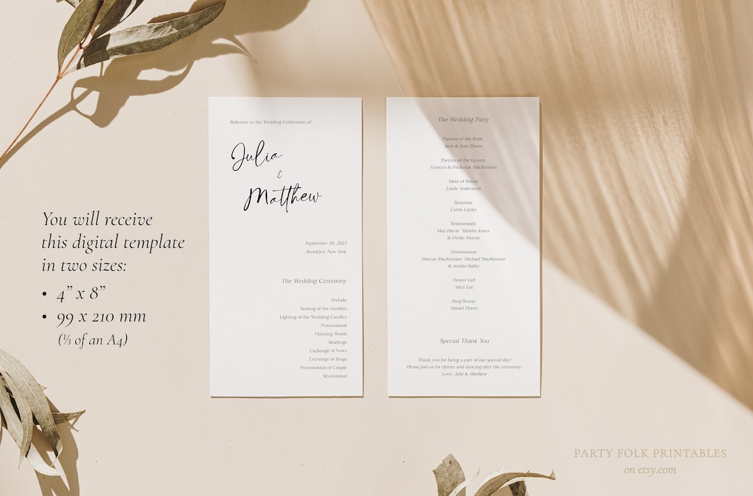JULIA Printable Wedding Program Template, Minimalist Wedding Program ...